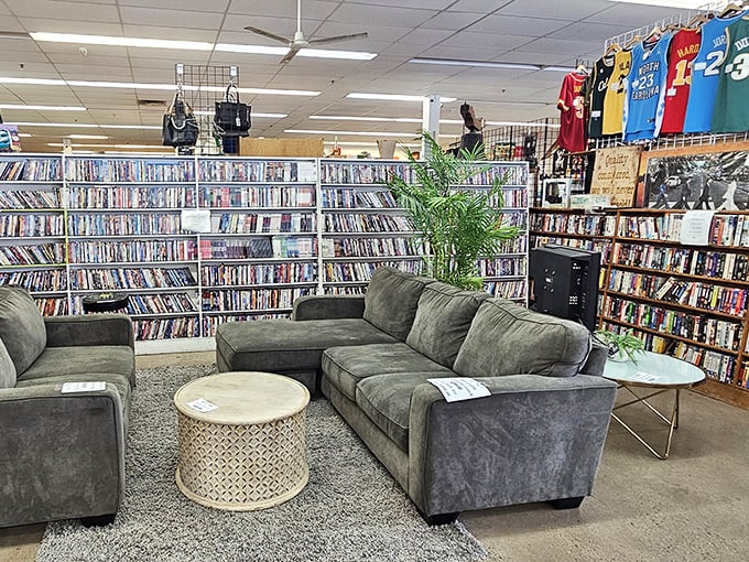 The DVD library that time forgot, complete with lounge seating perfect for debating which forgotten gem to take home.