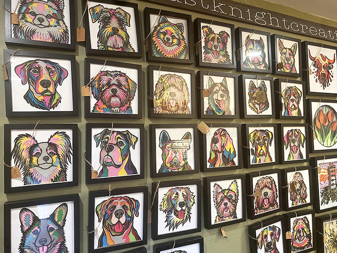 A gallery wall gone happily wild&mdash;these colorful pet portraits bring personality and pop art vibes to any space.