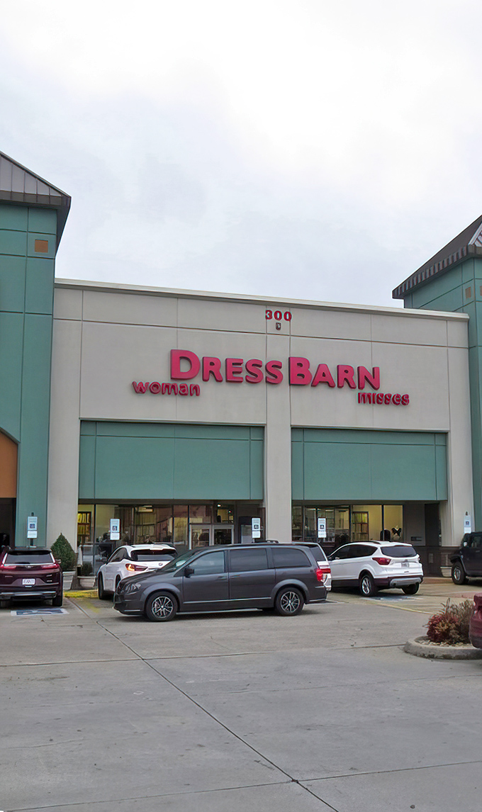 Dress Barn's bold signage stands out against the cloudy sky, a fashion lighthouse guiding style-seekers through the sea of retail options.