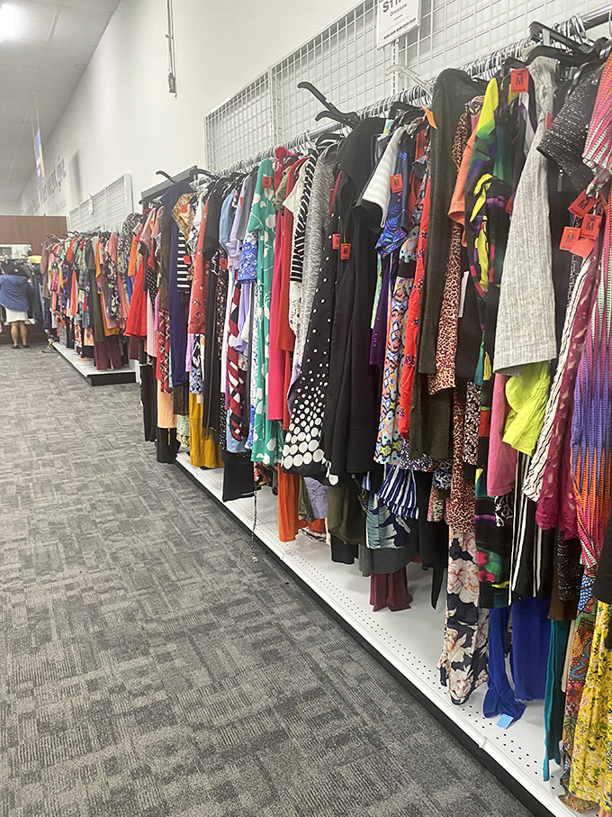 A kaleidoscope of patterns and colors&mdash;each dress hanging here represents someone's past and another person's future fashion statement.