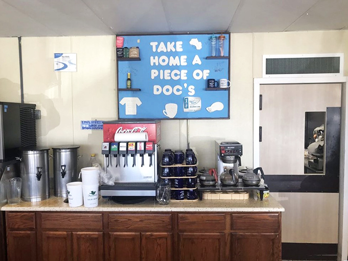 The "Take Home a Piece of Doc's" sign is tempting, but the real souvenir is the memory of that breakfast you just demolished.