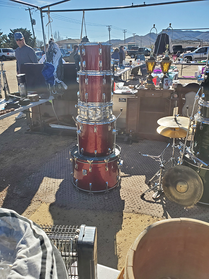 A drummer's dream stack! These vintage percussion pieces await their next rhythm-maker—probably at a fraction of music store prices.