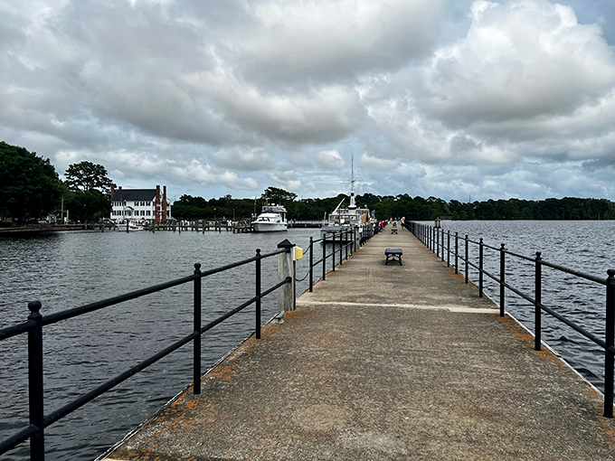 Edenton's harbor walkway stretches toward adventure like a runway for daydreams. The perfect spot for contemplating life or lunch&mdash;preferably both.