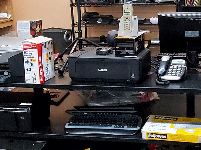 The electronics section: where optimists find working printers and pessimists find parts. Either way, it's a tech treasure trove at pennies on the dollar.