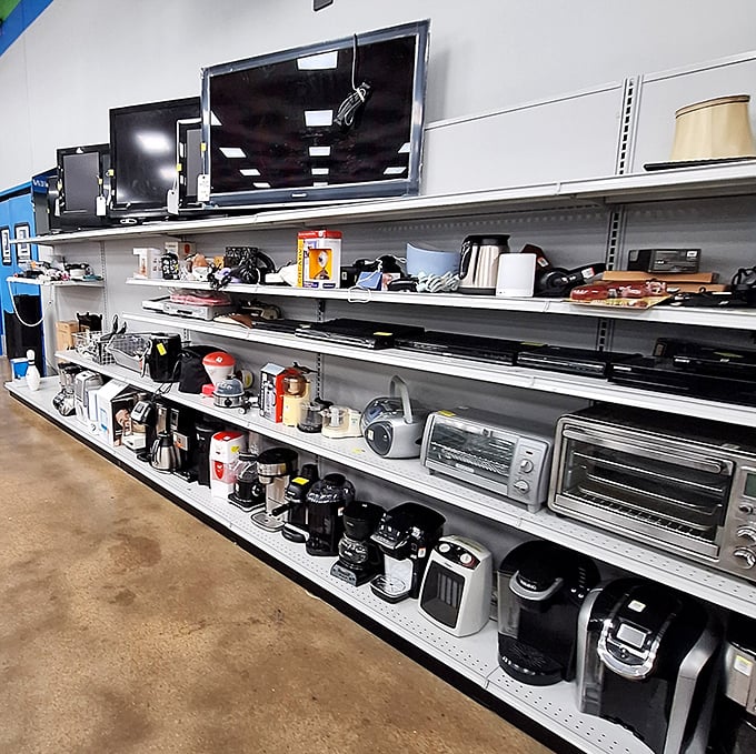The small appliance graveyard, where coffee makers and toaster ovens await resurrection. That row of Keurigs has brewed thousands of morning pick-me-ups.