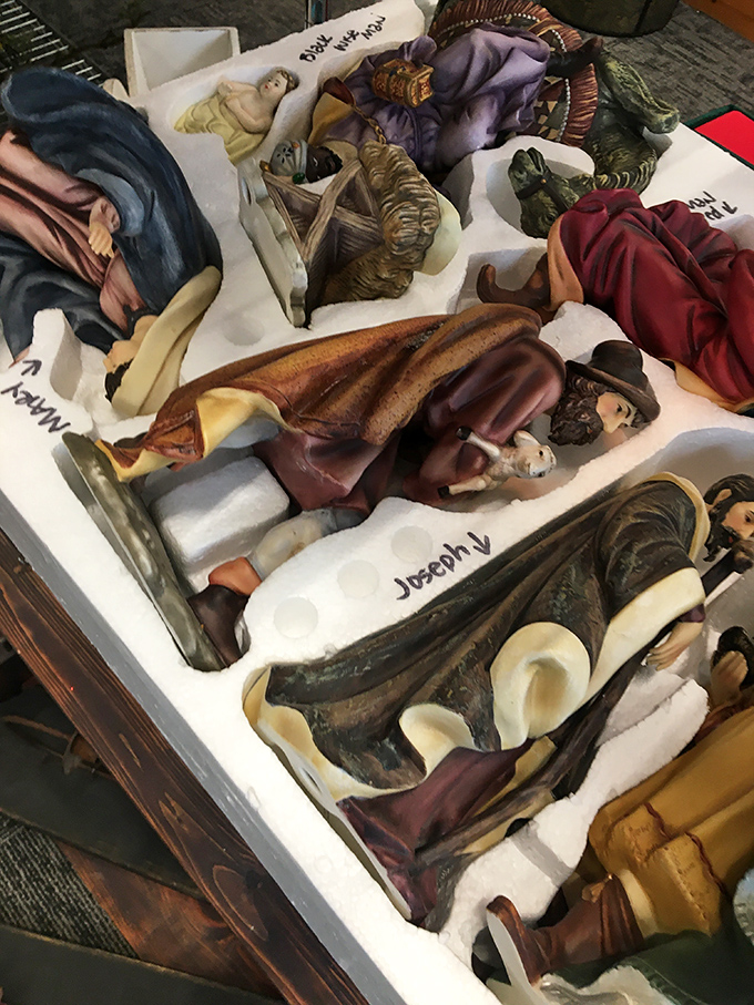 A nativity set that's seen more Christmases than most of us. These carefully arranged figurines represent the thrift store magic of finding holiday traditions at any time of year.