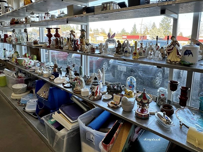 The figurine shelf: where collectibles from grandma's curio cabinet find new admirers. Each tiny dancer holds decades of silent observation.