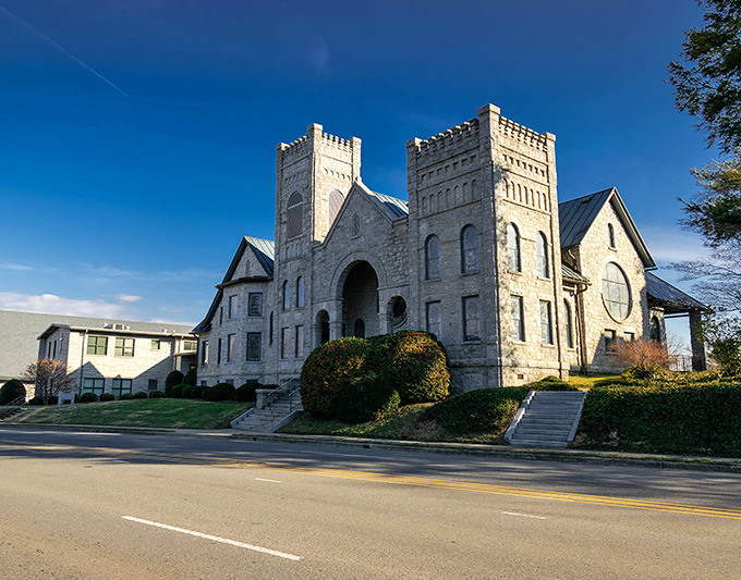 Majestic twin towers reach skyward at First Baptist Church. This architectural gem represents both spiritual aspirations and the solid foundation of Mount Airy's community values.