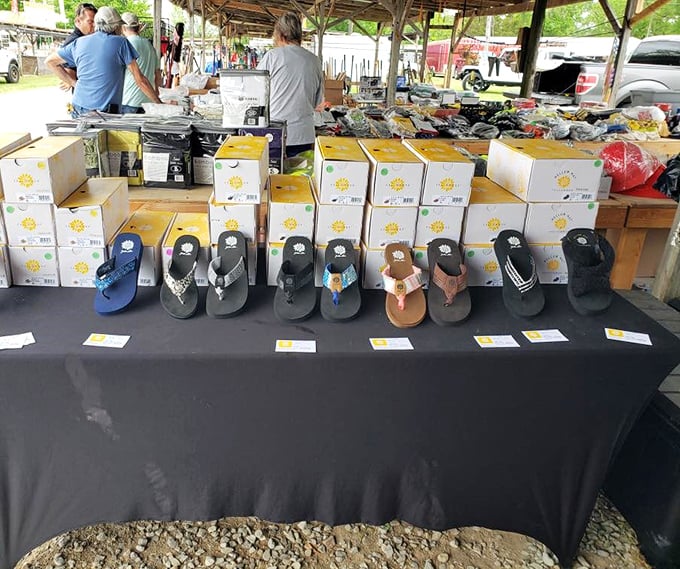 Flip-flop heaven awaits summer feet! A rainbow of options lined up like soldiers ready for duty when Mississippi humidity demands open-toe relief.