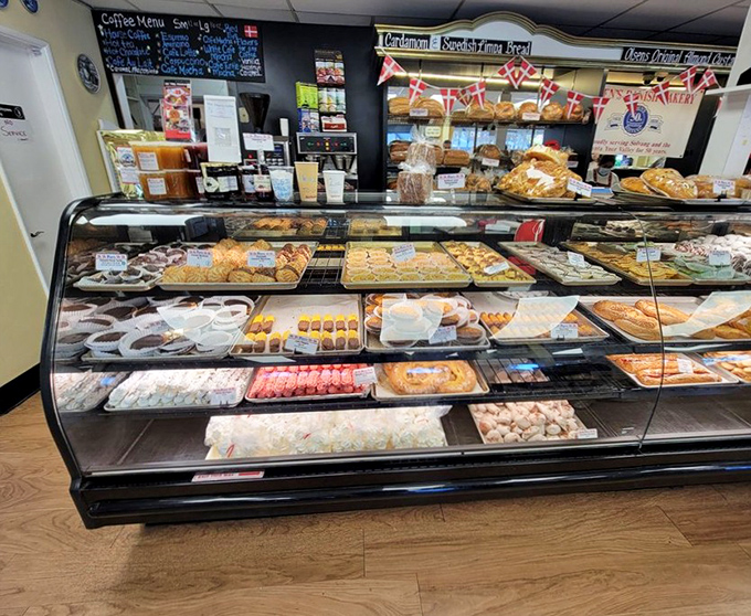 The bakery case beckons with Danish pastries and sweet treats, tempting you to order dessert before you've finished breakfast.