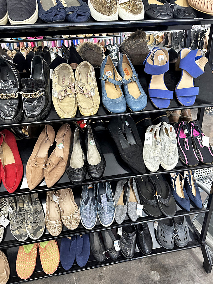 Shoe department or modern art installation? These rows of footwear create a tapestry of fashion history and practical possibilities.