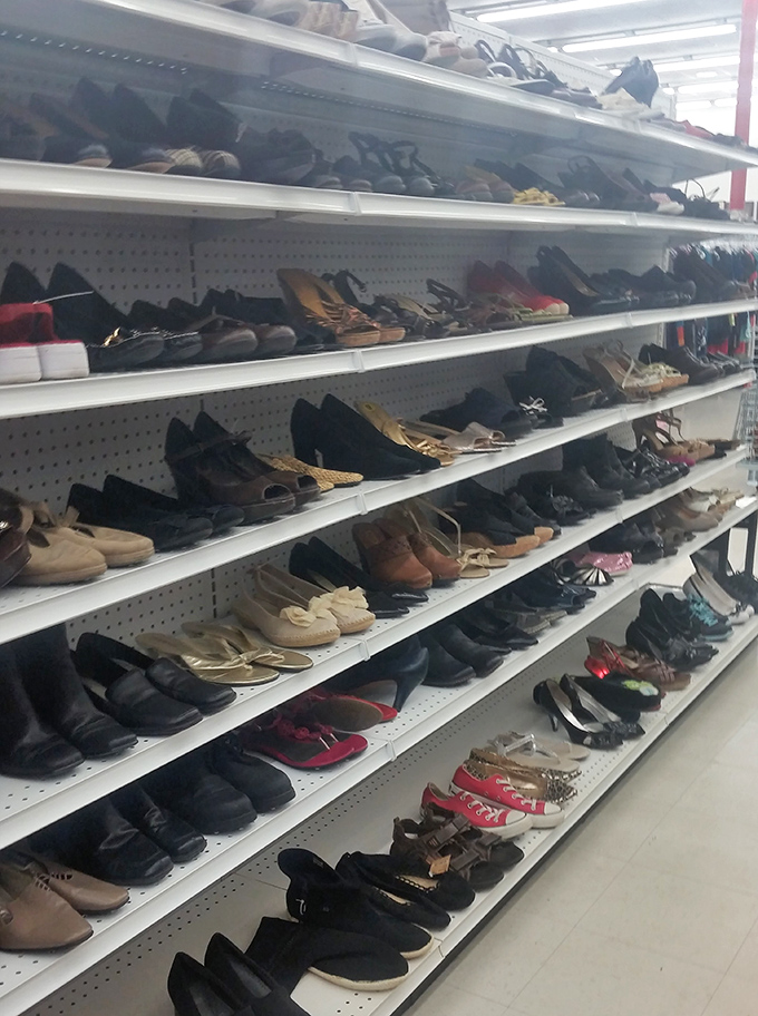 Shoes of every style march in formation, each pair ready to walk into someone's story. 