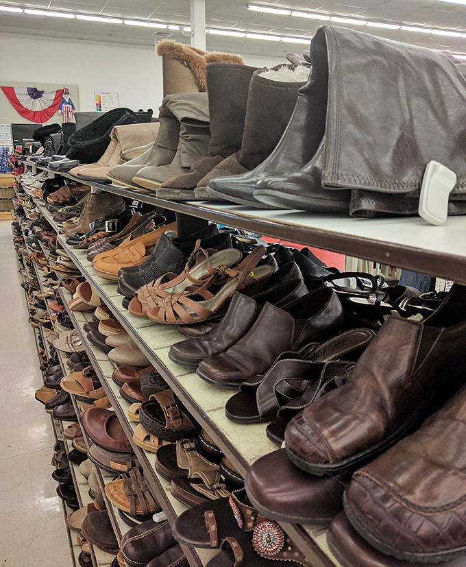 The shoe section: where barely-worn boots and once-special-occasion heels await their second chance at sidewalk fame.