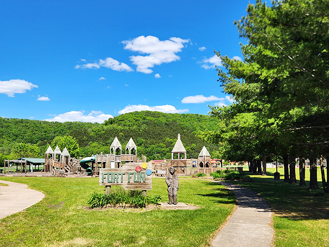 Fort Fun Park delivers on its name with a wooden playground castle that makes grandparents wish they could shrink to kid-size again.