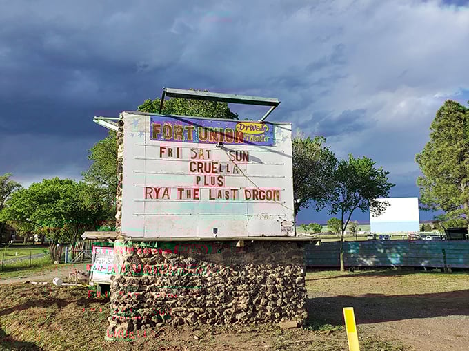 The Fort Union Drive-In's vintage marquee advertises current films, proving that some retro experiences improve with age&mdash;just like their audience.