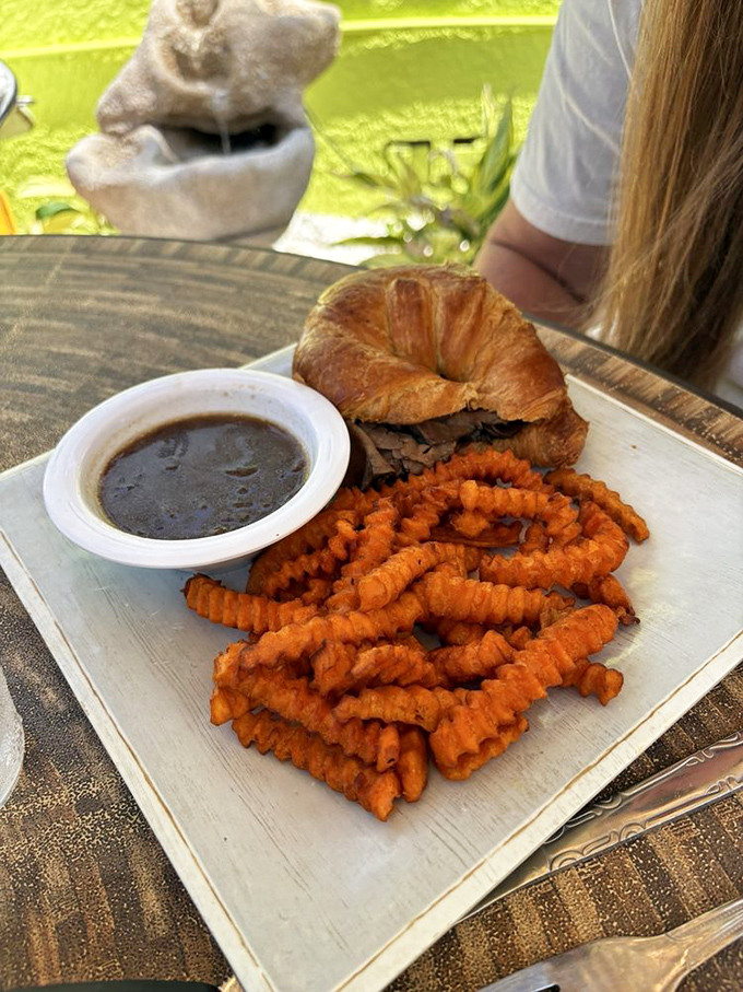 Sweet potato fries and a sandwich&mdash;proof that lunch at a breakfast place isn't settling, it's discovering a whole new dimension of deliciousness.