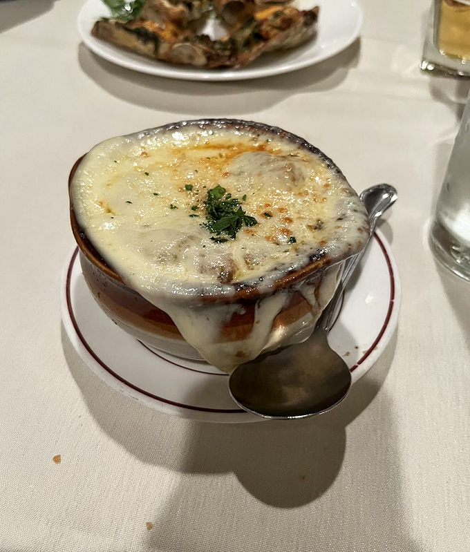 French onion soup with cheese melted so perfectly it creates that Instagram-worthy cheese pull everyone secretly attempts.