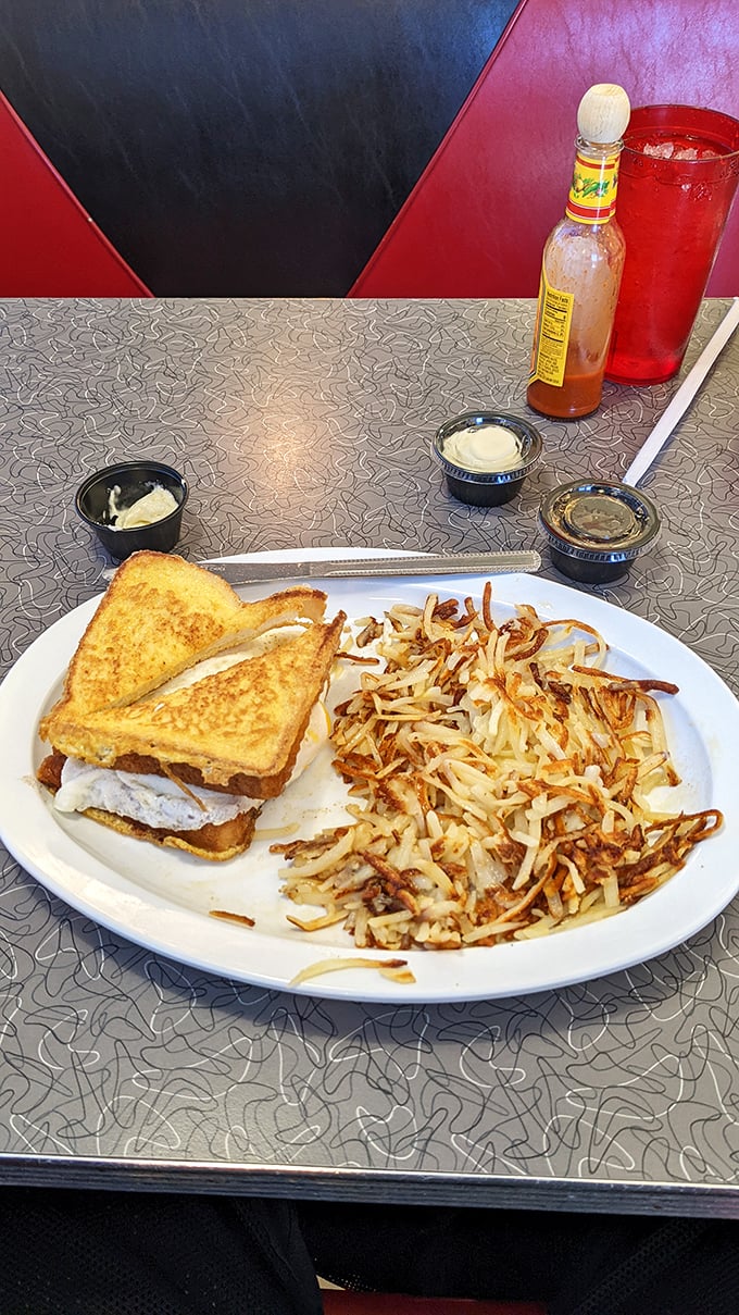 Breakfast sandwich with hash browns so perfectly crispy, they make the morning news worth getting up for.