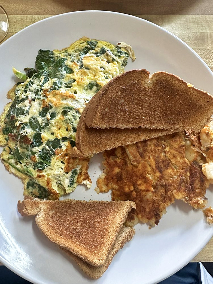 Spinach and feta omelet with hash browns that could convert even the staunchest breakfast skeptic.