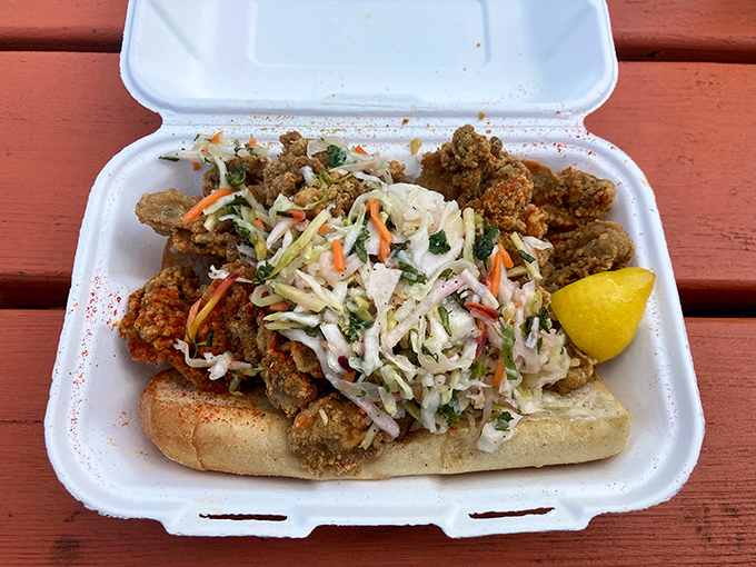 An oyster roll that makes you wonder why lobster gets all the sandwich glory. The purple slaw adds a rock star edge.