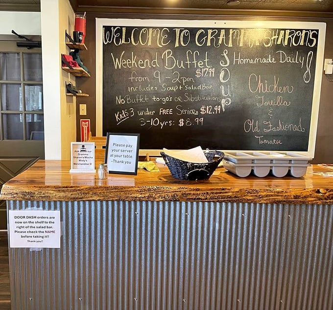 The weekend buffet chalkboard promises homemade soups and more. In a world of digital menus, there's something wonderfully authentic about handwritten specials.