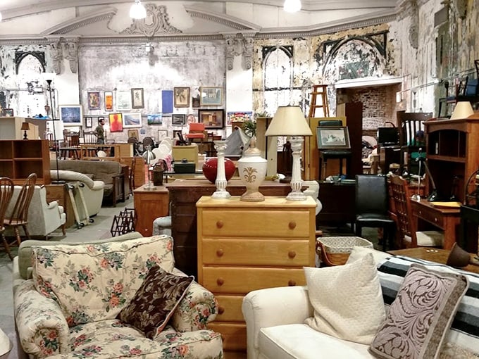 The furniture section resembles a living room time machine, where floral sofas and pine dressers await their next loving home.
