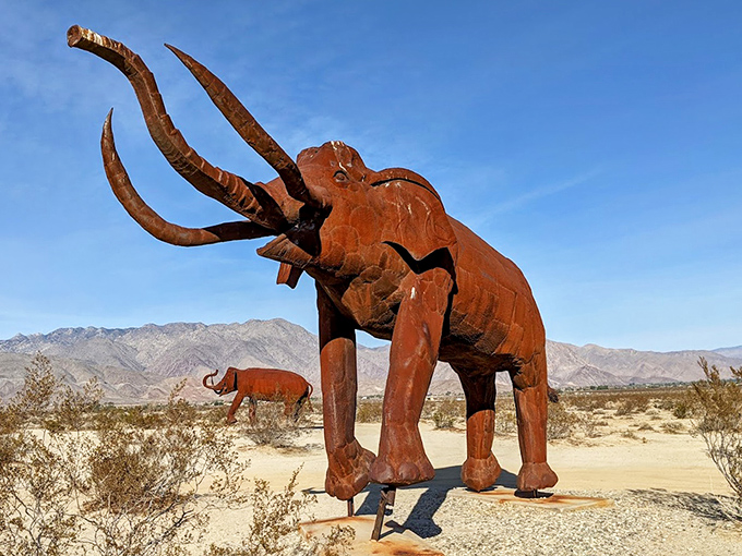 The mighty mammoth returns to California! This massive pachyderm sculpture dwarfs its baby companion in the background.