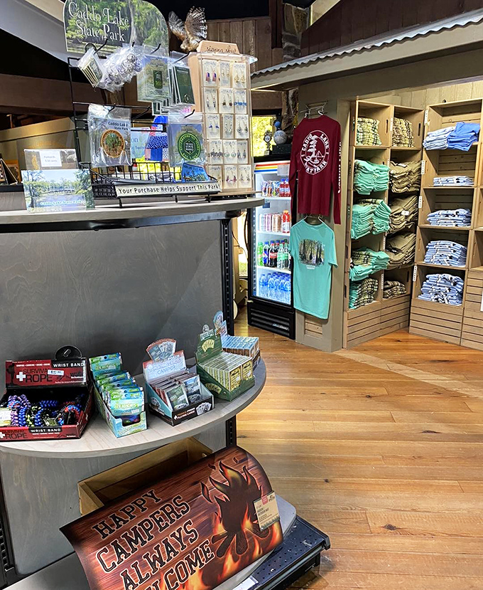 The gift shop offers treasures that say "I conquered nature" without actually having to sleep on the ground or encounter wildlife.