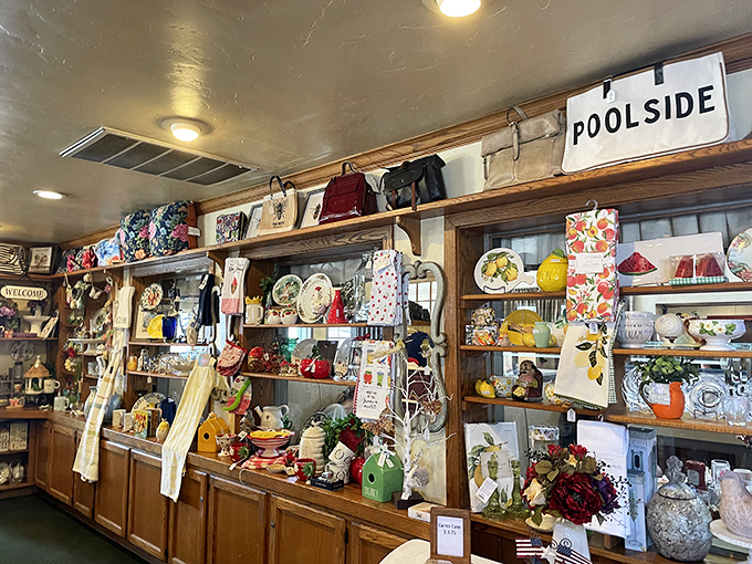 The gift shop offers country charm by the armful—because sometimes you need a ceramic rooster to remember your meal by.