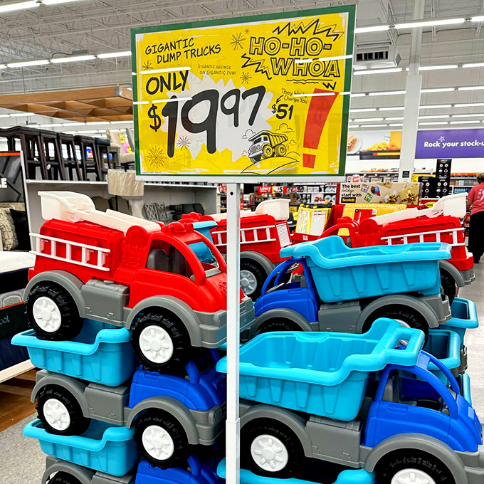 Gigantic dump trucks at tiny prices&mdash;where childhood dreams meet parental budgets in a harmonious middle ground of affordable joy.