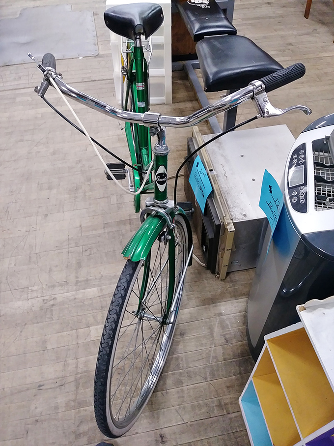 The vintage green bicycle stands tall&mdash;a two-wheeled time machine ready to transport some lucky rider back to simpler days of neighborhood cruising.