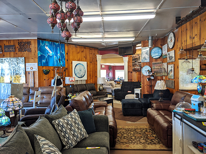 Colorful lanterns and wood paneling create the kind of cozy gathering space that makes strangers into friends over coffee.