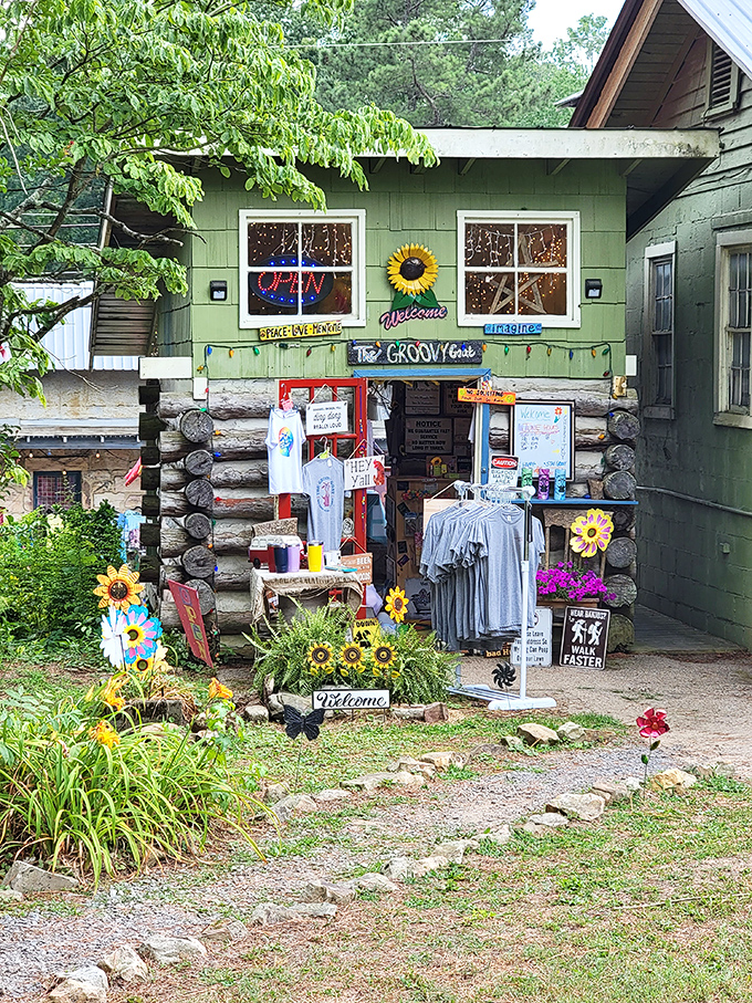 The Groovy Goat's sunflower-adorned storefront radiates hippie mountain charm that's impossible not to smile at.