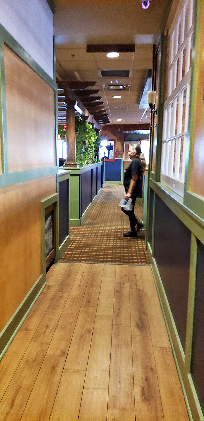 The hallway to happiness &ndash; wood-paneled and inviting. This path has guided countless hungry patrons toward breakfast bliss.