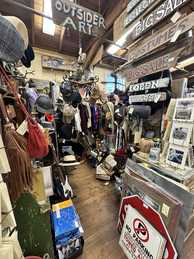 "Outsider Art" indeed—where vintage hats, handcrafted signs, and forgotten treasures create a bohemian retail wilderness worth exploring.