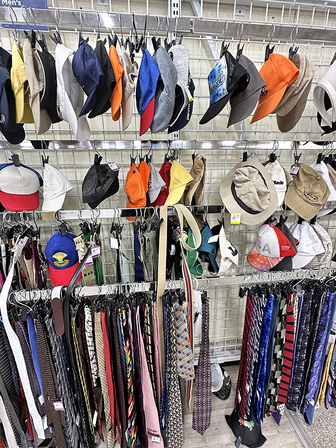 Hats and ties hang together in colorful harmony, accessories waiting to complete someone's signature look today.