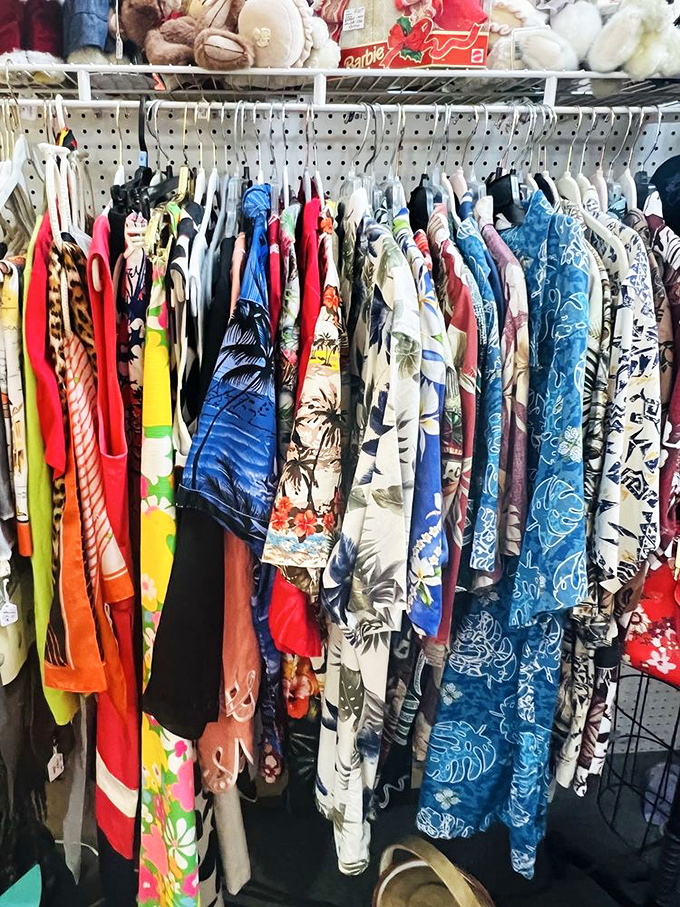 Hawaiian shirts so loud they practically play their own ukulele. Vacation vibes hanging by the dozen, no sunscreen required.