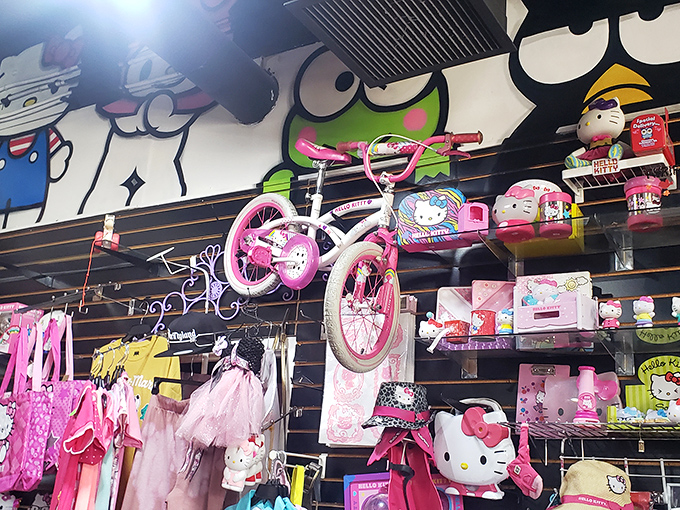 Hello Kitty's pink paradise! From bicycles to tutus, this corner of Thriftyland101 proves that Sanrio's famous feline has conquered every possible merchandise category.