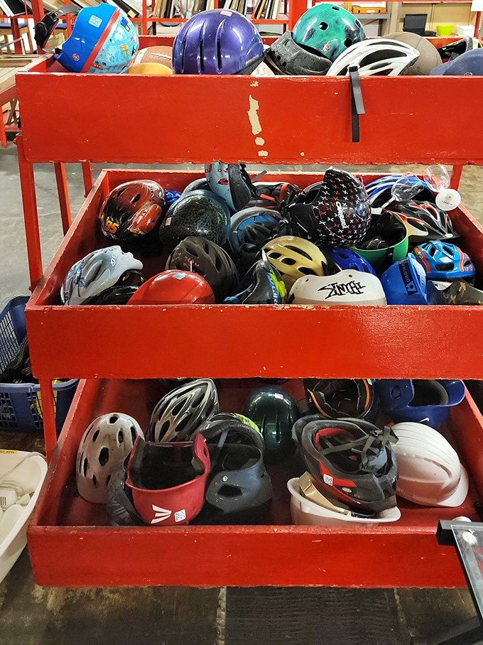 Helmets that protected previous noggins now await their next assignment in cranium safety.