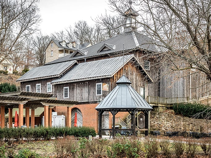 At Hermannhof Winery, weathered wood and stone cellars aren't just Instagram backdrops&mdash;they're working spaces where award-winning wines develop their character, much like the town itself.