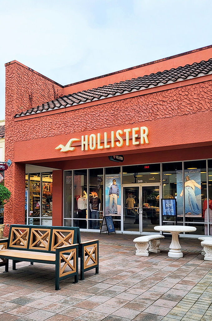 Hollister's surf-inspired storefront brings California cool to the Gulf Coast, complete with bench for exhausted shopping companions.