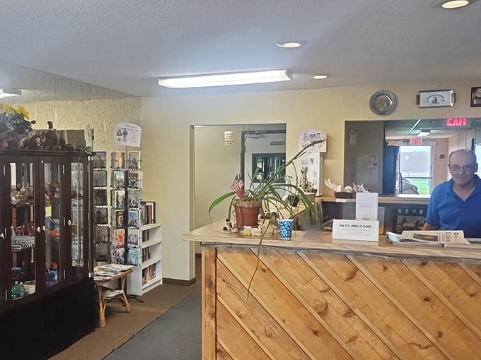 Small-town hospitality headquarters. This unassuming front desk has probably heard more travel stories than most international airports.