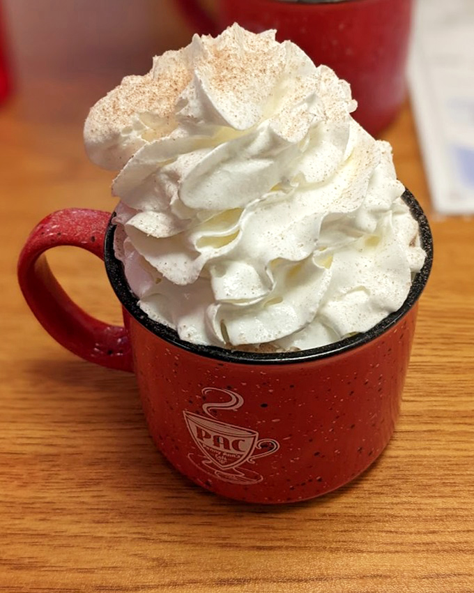Hot chocolate that's more cloud than liquid. That whipped cream mountain deserves its own zip code and hiking trail.