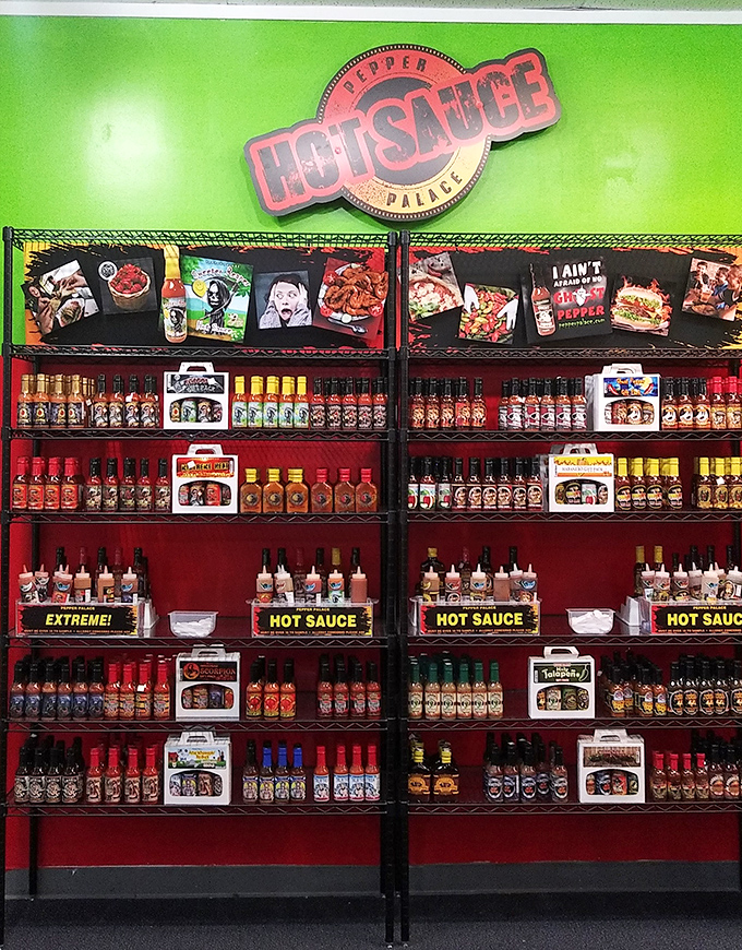 The Pepper Palace's hot sauce collection&mdash;where brave souls test their taste bud tolerance and discover that "Extreme!" can be both a warning label and a challenge.