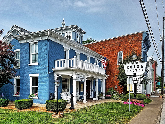 Hotel Nauvoo's bright blue Victorian charm makes every other building on the street look underdressed for dinner.