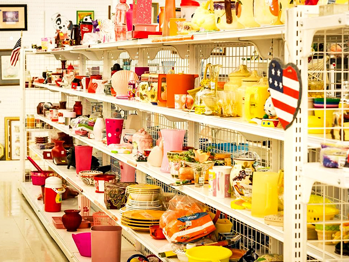 The housewares section is a rainbow of possibilities. Vintage Pyrex hunters and first-apartment furnishers alike find their happy place among these shelves.