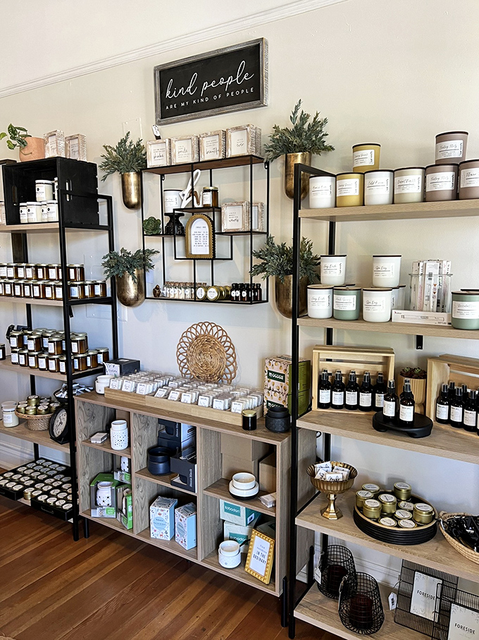 Artfully arranged shelves at Ignite Joy&mdash;where modern sensibilities meet Gold Country aesthetics in a shopper's paradise.