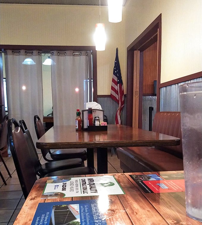 American flags and simple furnishings speak to the unpretentious charm of Magnolia Blossom. This is a place that values substance over style.