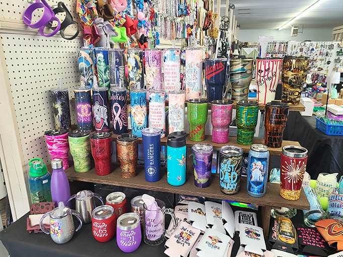 A kaleidoscope of insulated tumblers promising to keep your coffee hot through even the longest treasure-hunting expeditions.