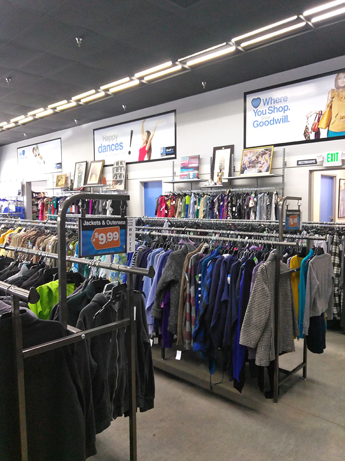 The jacket jackpot! Winter coats and blazers lined up like hopeful contestants on a reality show about second chances.